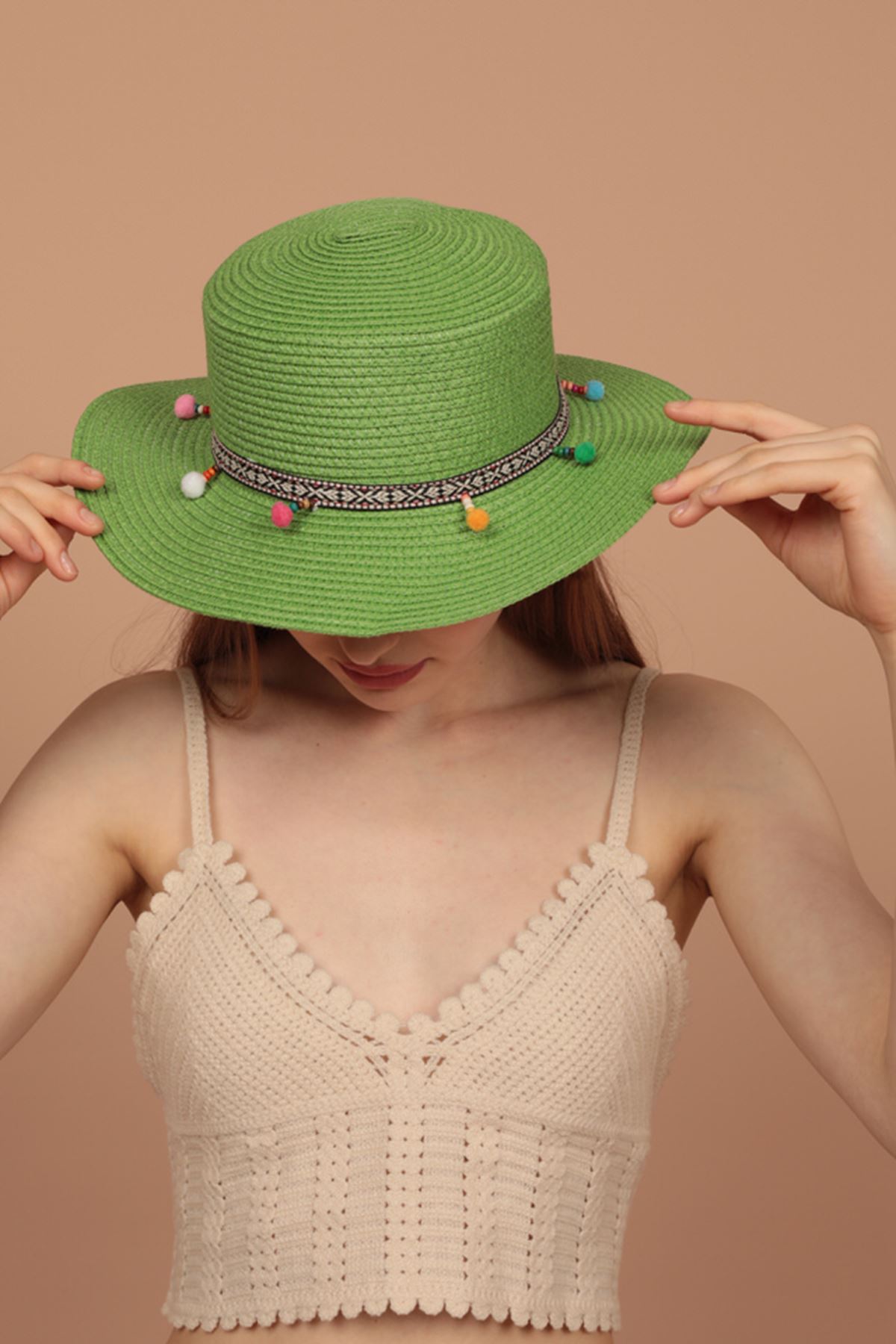 Straw Hat With Wide Ethnic StripeGreen-Kaktüs Moda