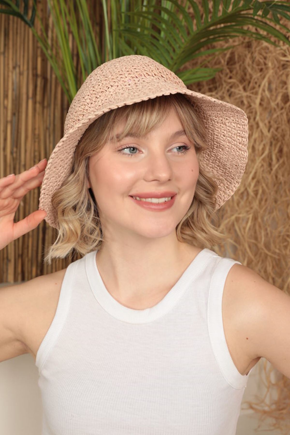 Hand Knitted Women's Straw HatPowder-Kaktüs Moda