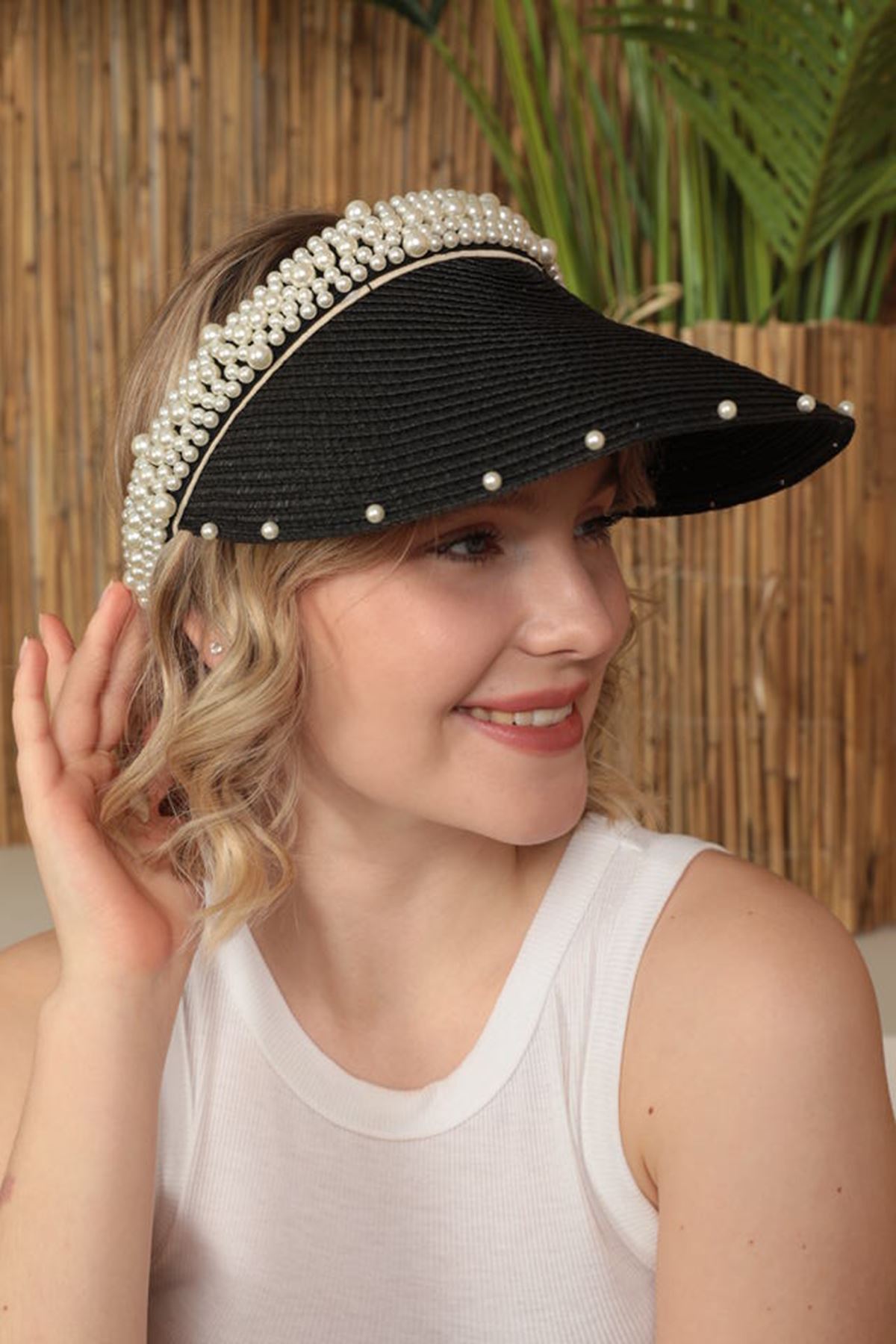 Straw Open Top Hat with Pearl AccessoryBlack-Kaktüs Moda