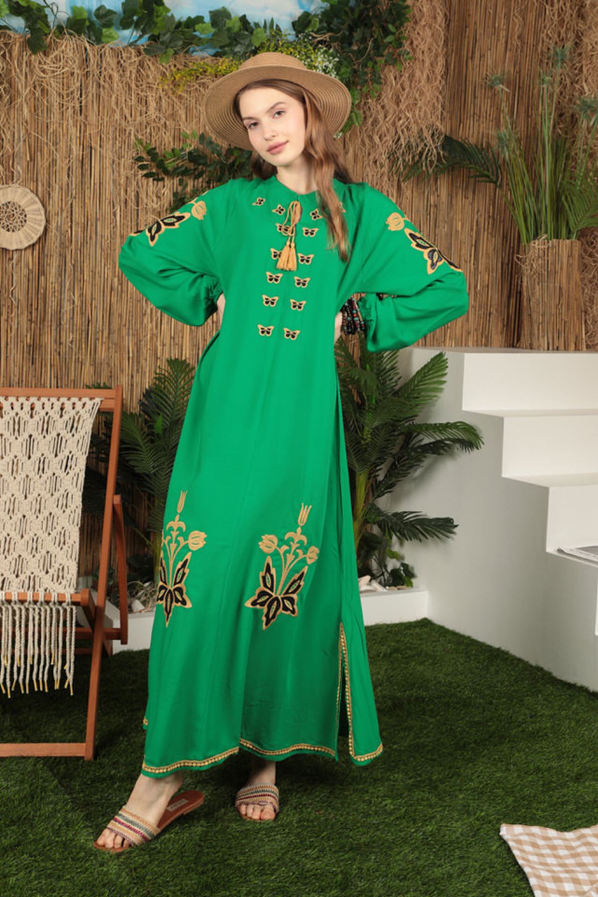 Large Embroidery Pattern Viscose Women's Dress Green-Kaktüs Moda