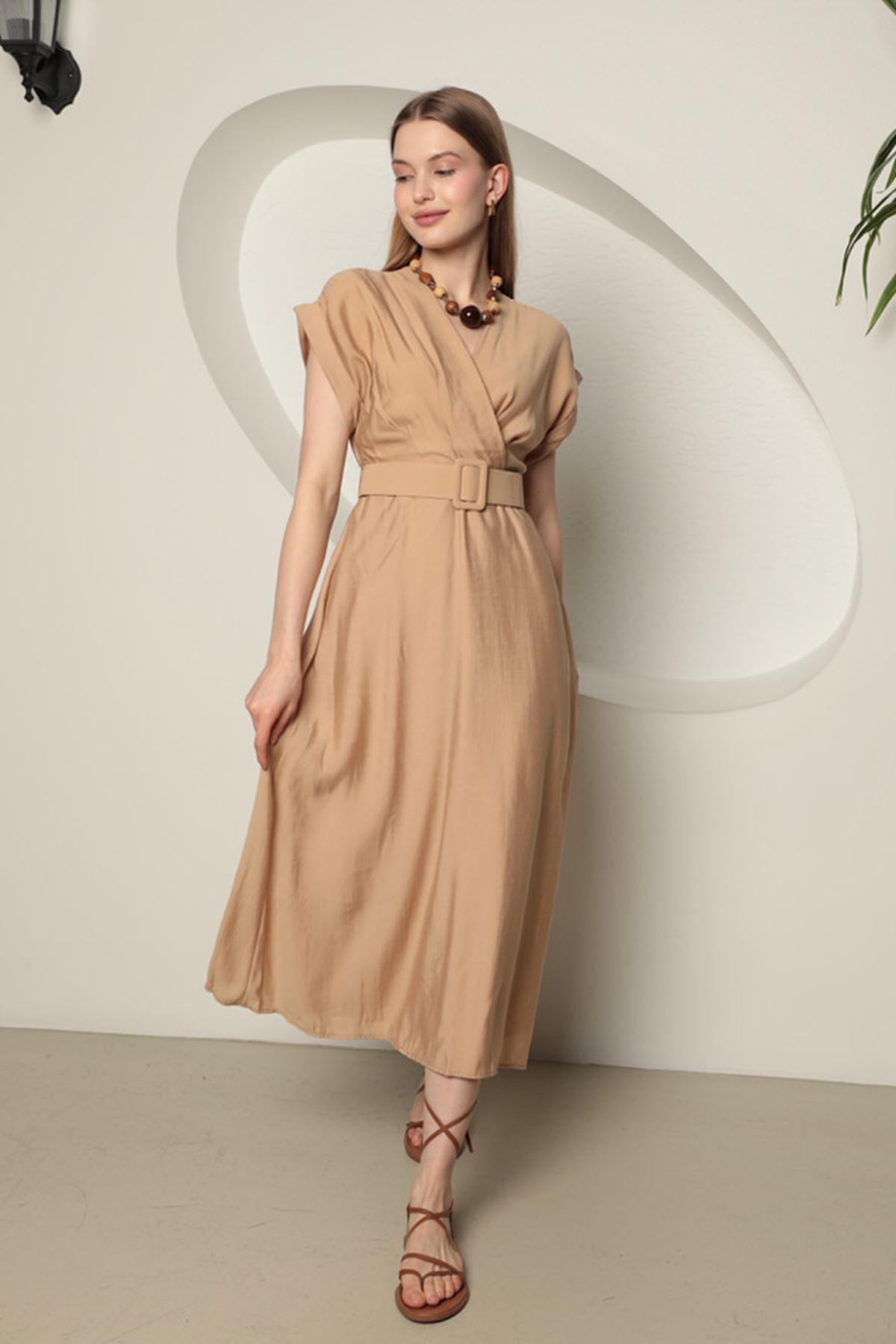 Voal Fabric Belted Women's Dress-Beige
