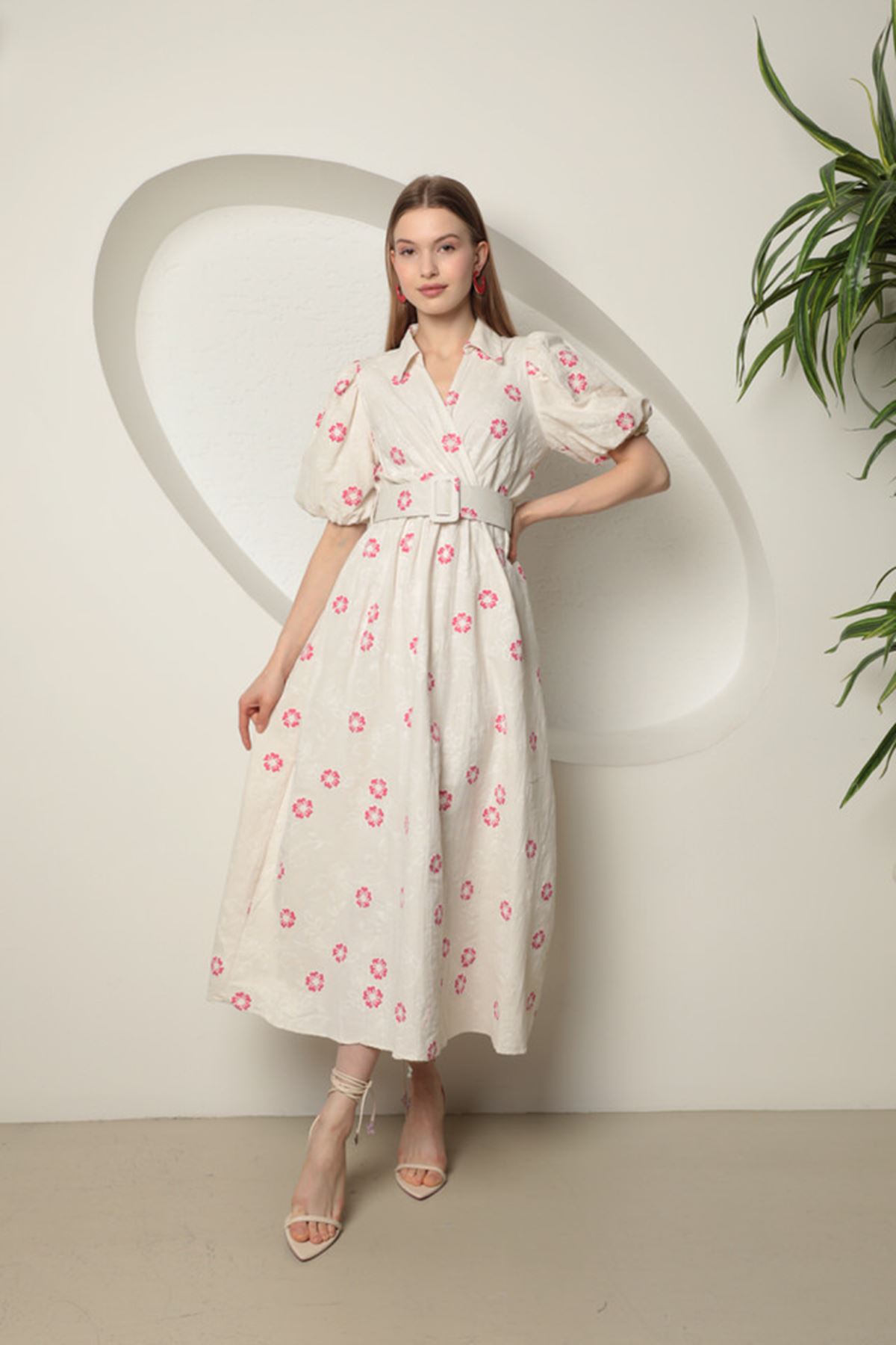 Linen Fabric Shirt Collar Flower Pattern Women Dress-Fuchsia