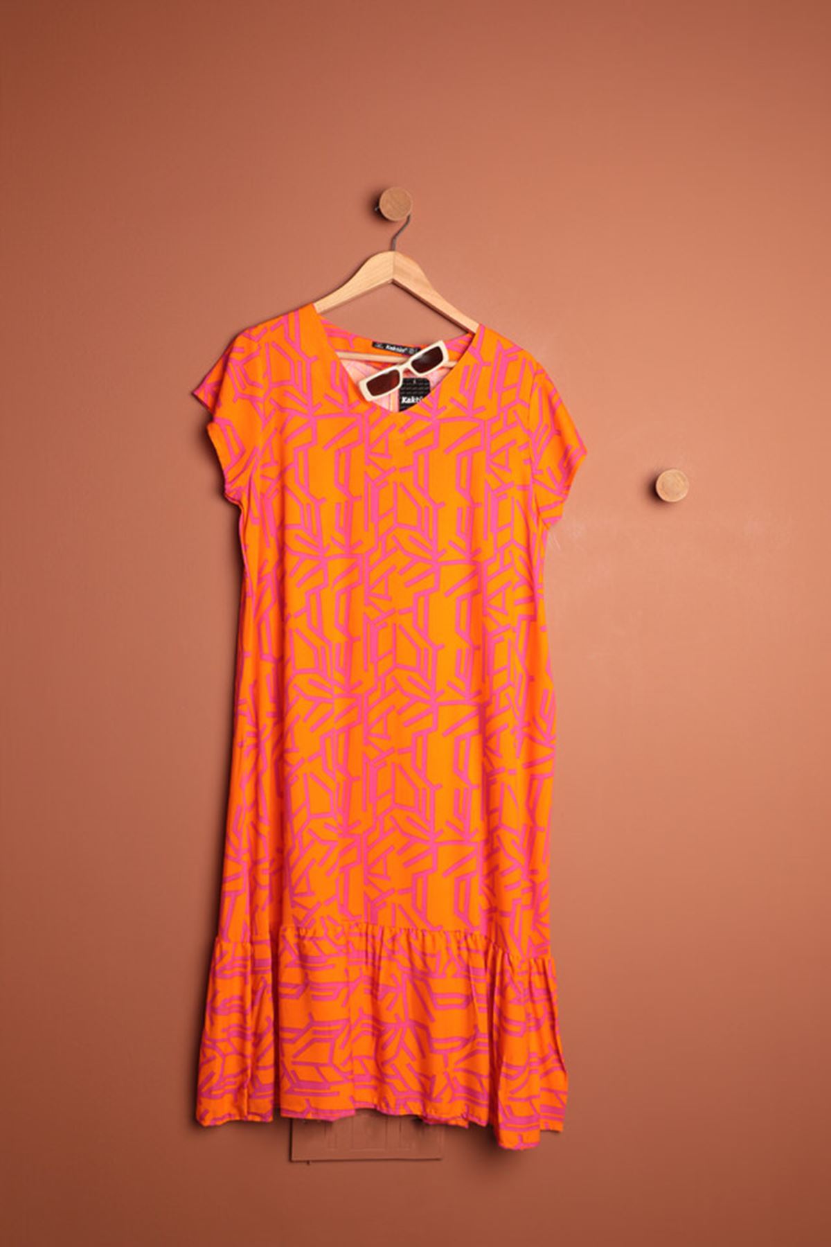 Viscose Fabric Zigzag Pattern Women's Basic Dress-Orange