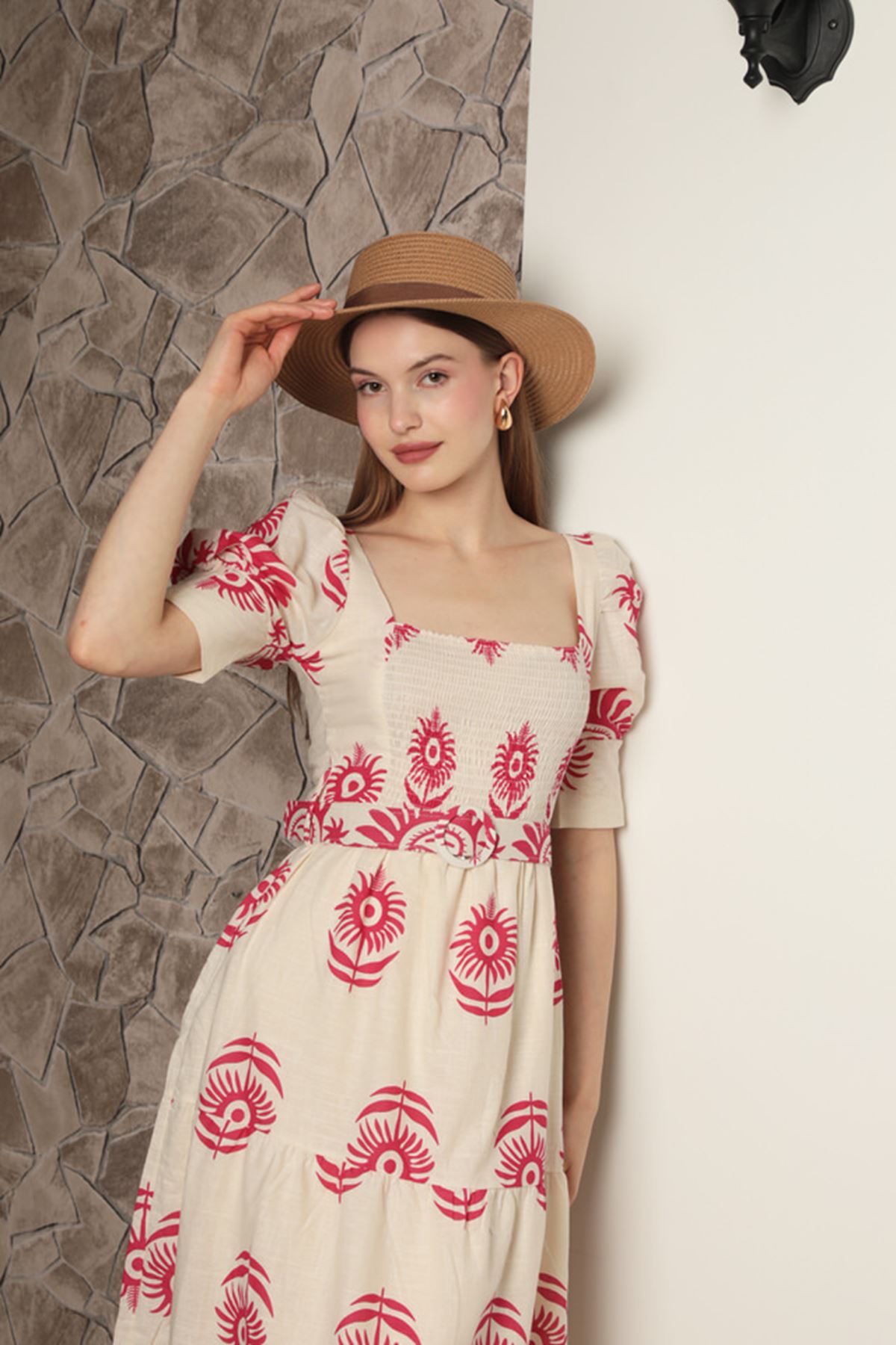 Linen Fabric Gimped Women's Dress-Fuchsia