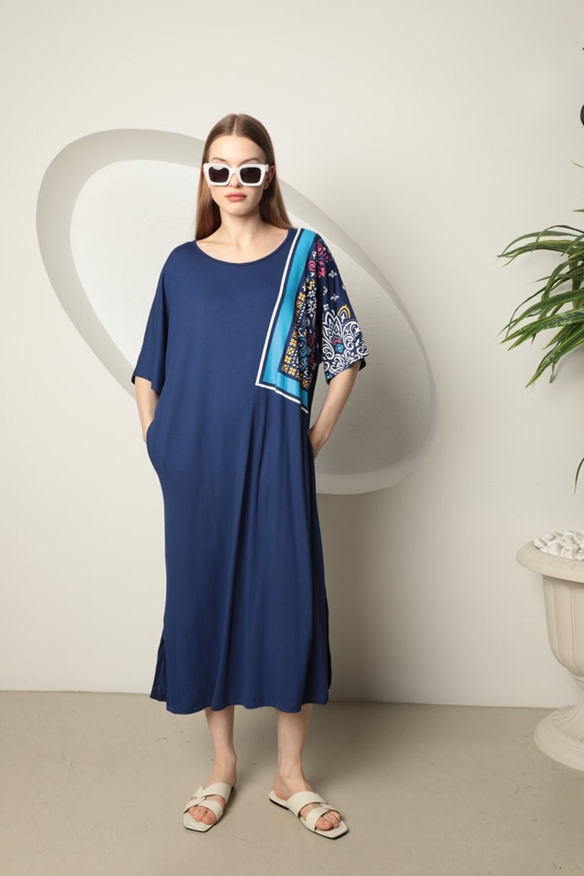 Viscose Fabric Women's Dress-Navy Blue