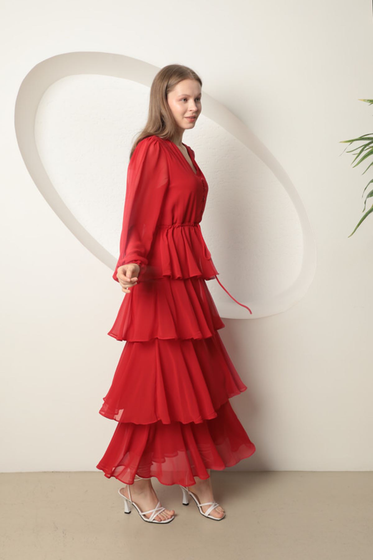 Chiffon Fabric Layered Women's Dress-Red