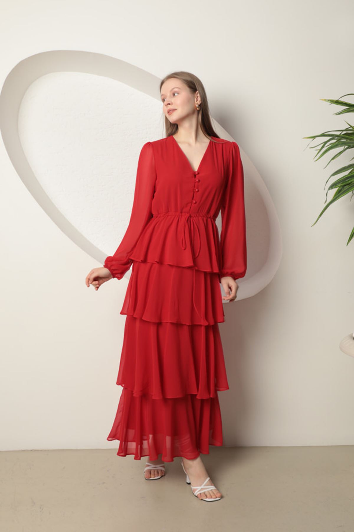 Chiffon Fabric Layered Women's Dress-Red