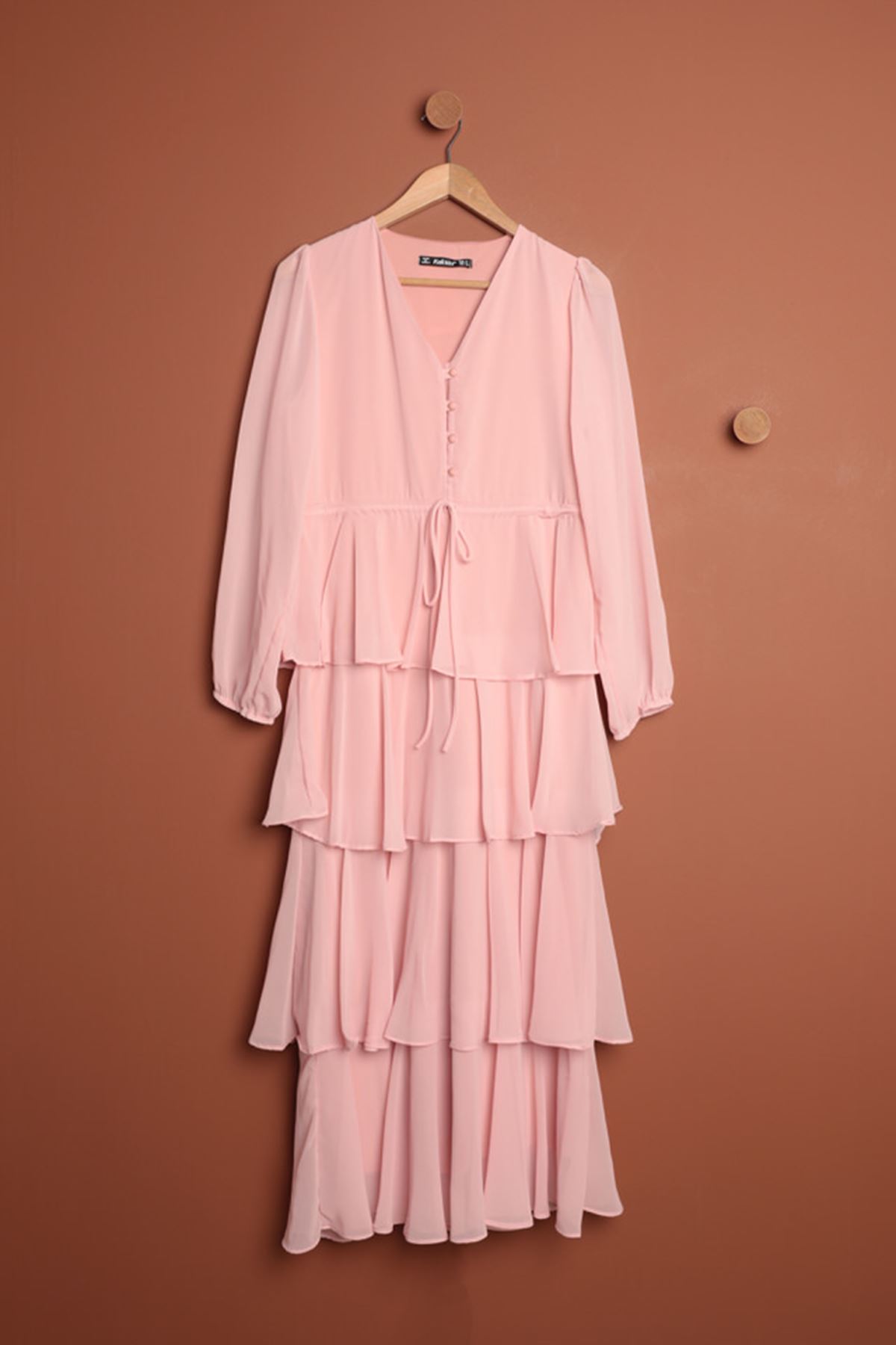 Chiffon Fabric Layered Women's Dress-Powder