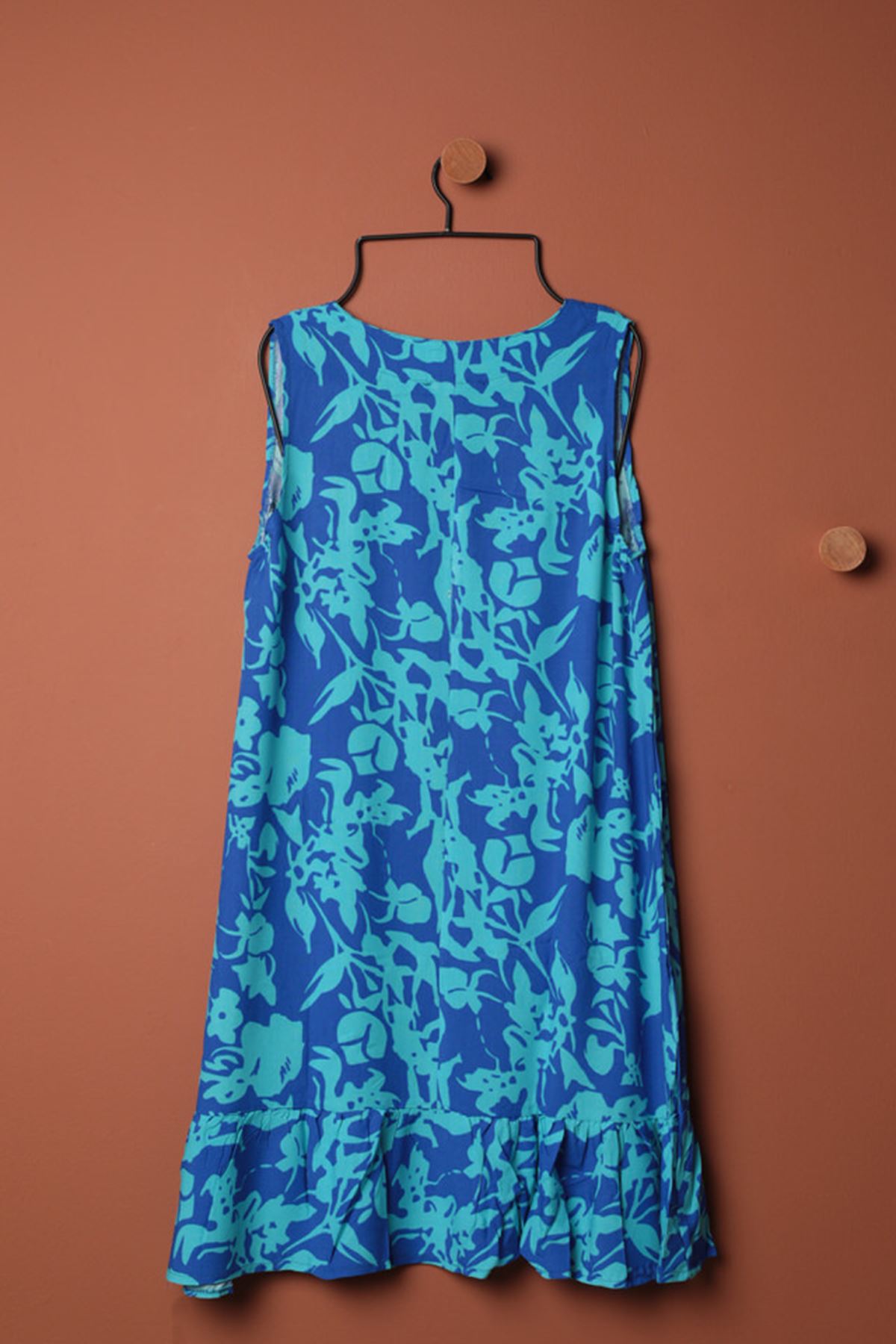 Viscose Fabric Leaf Pattern Women's Dress-Sax