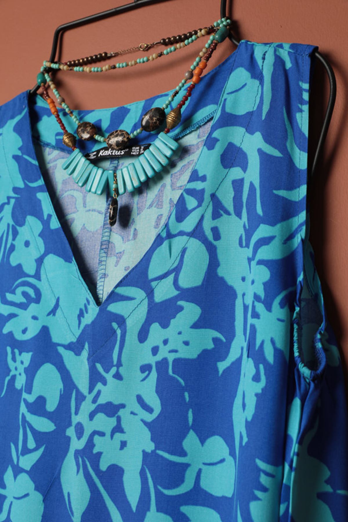 Viscose Fabric Leaf Pattern Women's Dress-Sax