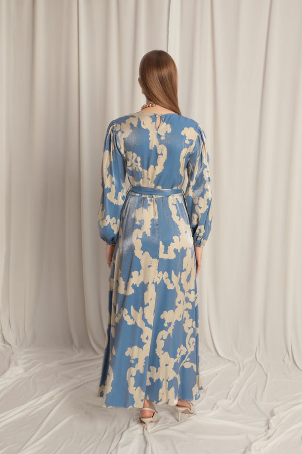 Shiny Large Pattern Fabric Women's Indigo Dress