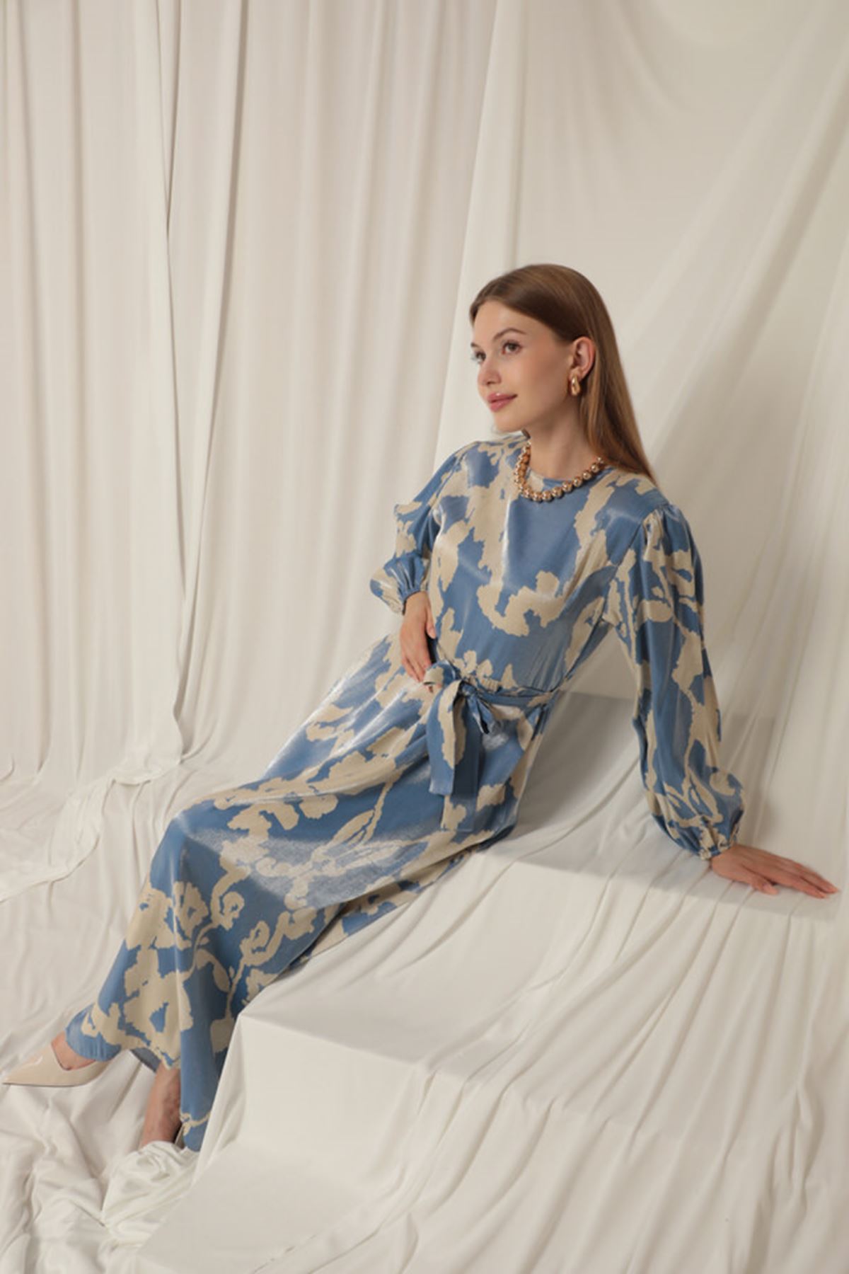 Shiny Large Pattern Fabric Women's Indigo Dress