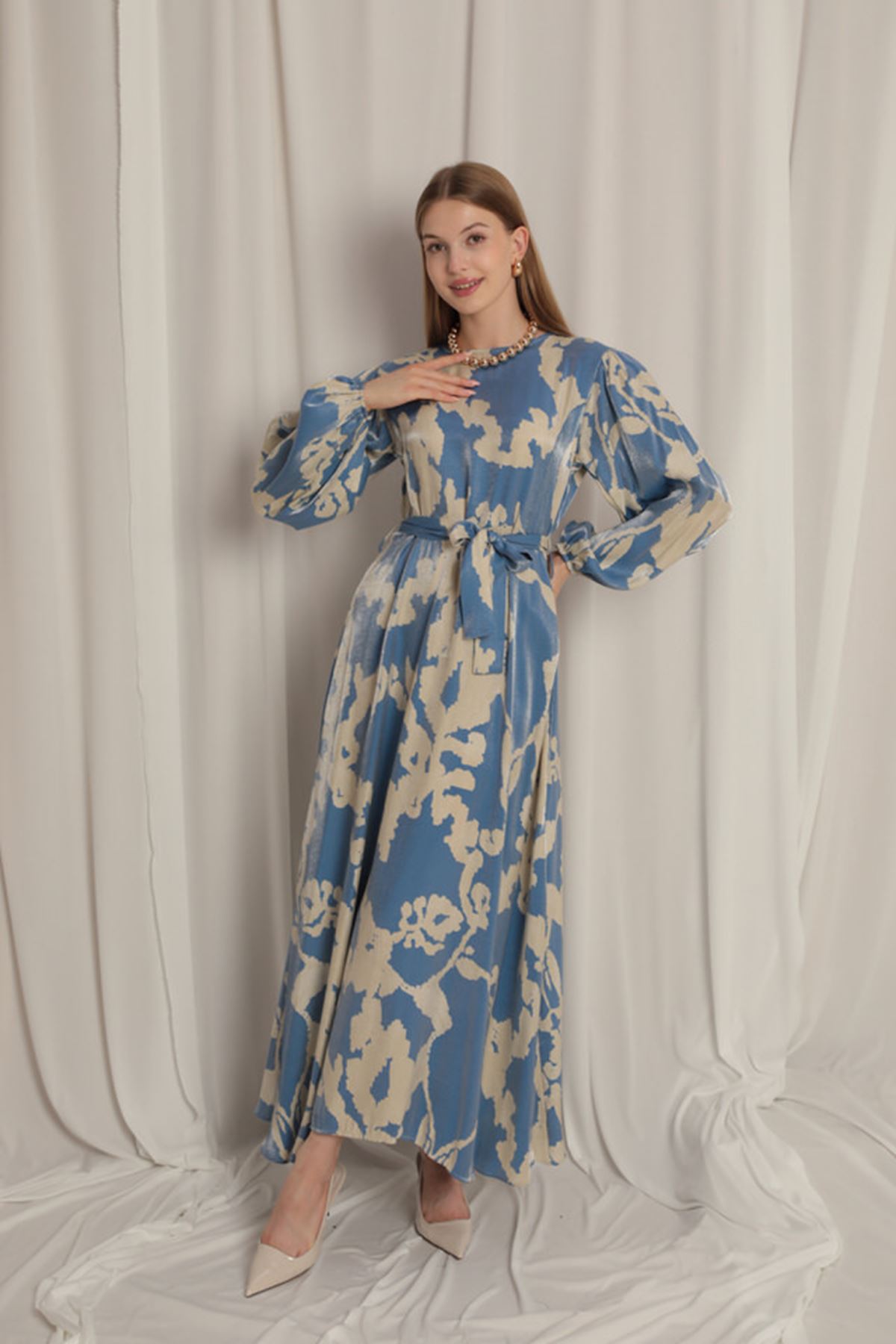 Shiny Large Pattern Fabric Women's Indigo Dress