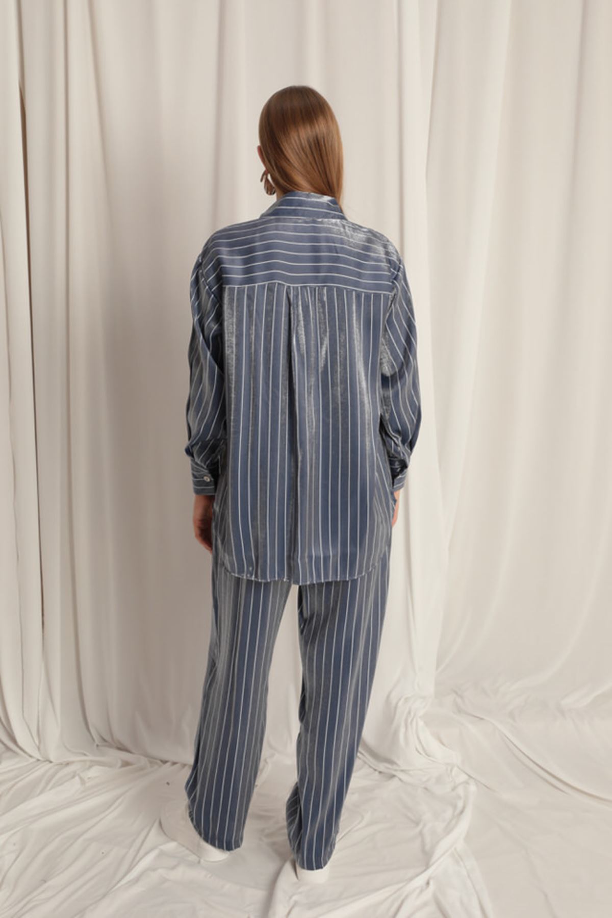 Shiny Fabric Striped Women's Suit-Indigo