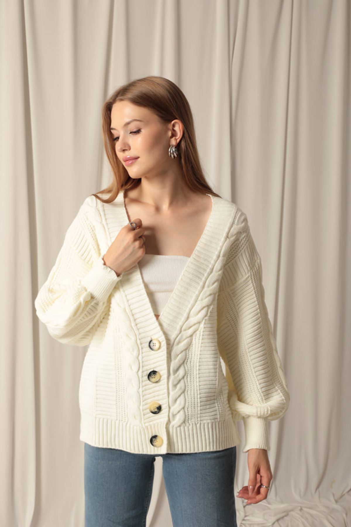 Women's Ecru Cardigan with Knitwear Fabric Knit Detail