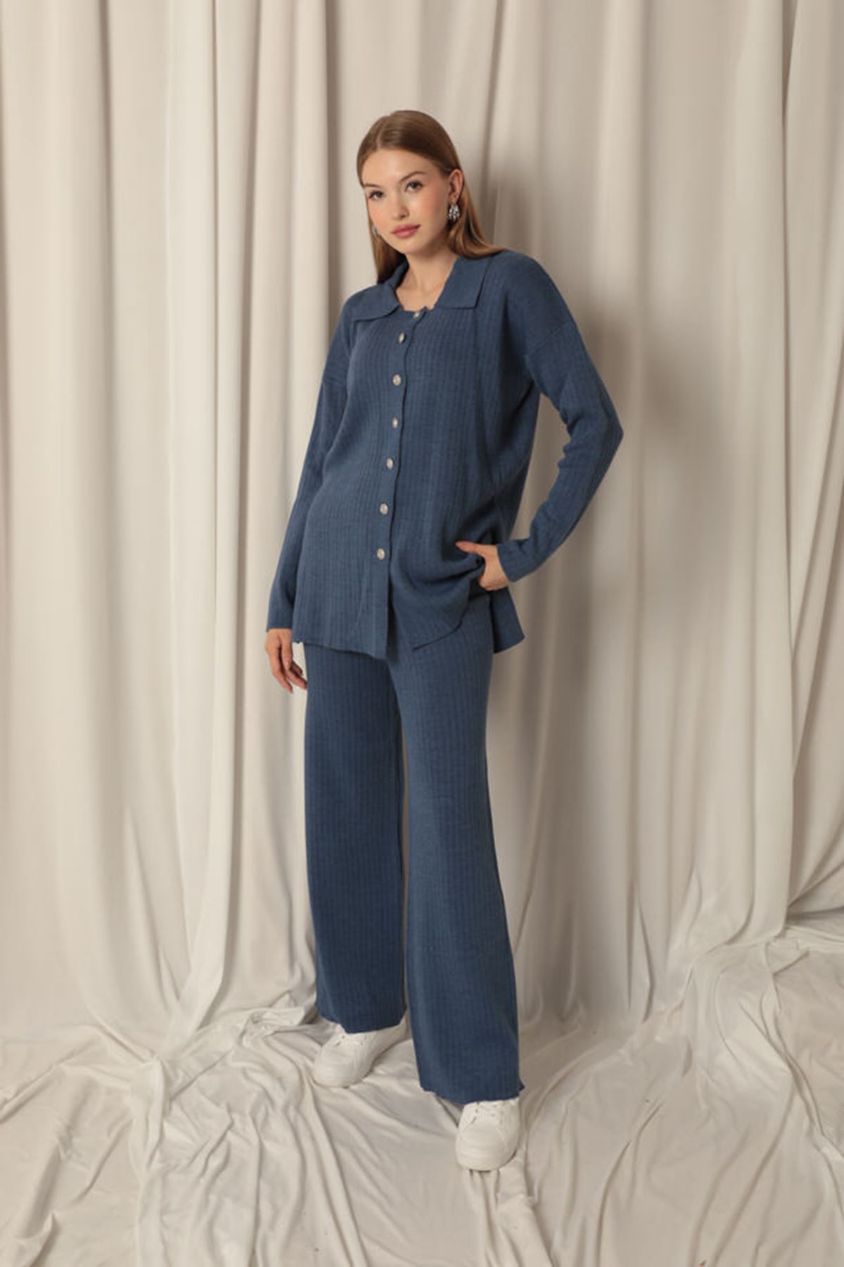 Knitted Fabric Corduroy Women's Indigo Suit