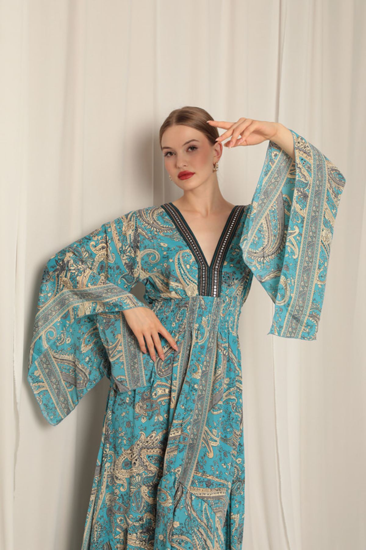 Silk Fabric V Neck Front Short Light Blue Dress