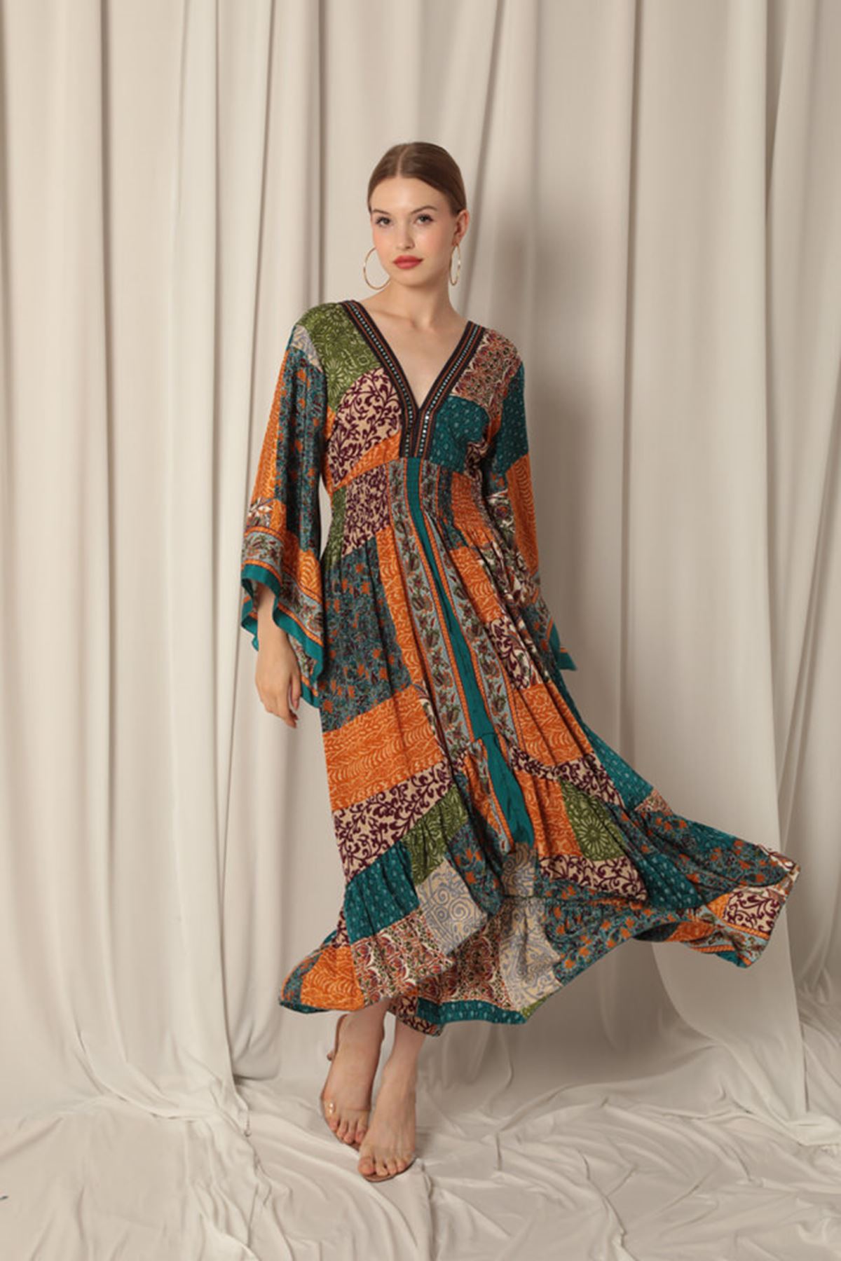 Silk Fabric V Neck Front Short Blue Dress