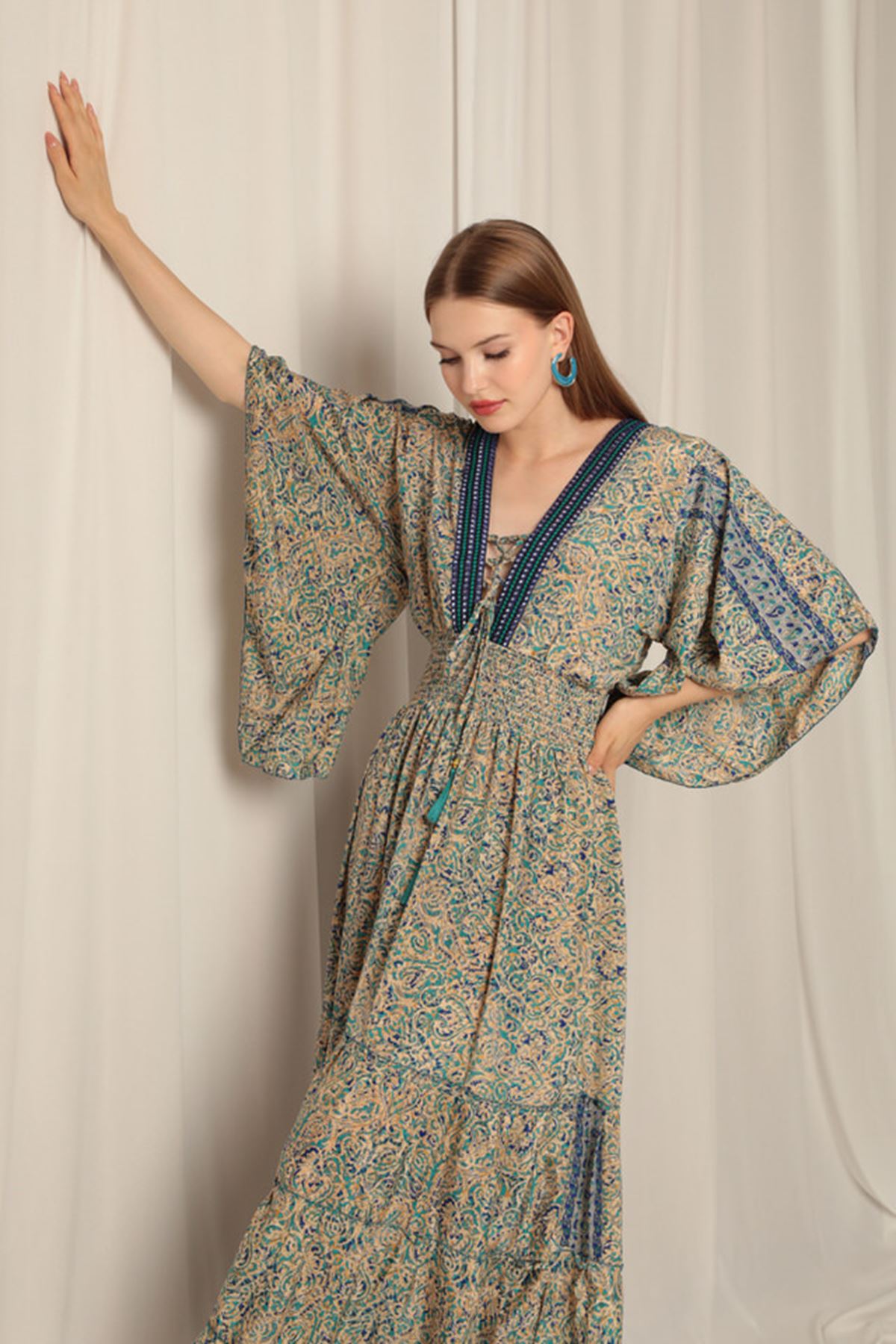 Silk Fabric V Neck Gipel Long Beige Dress