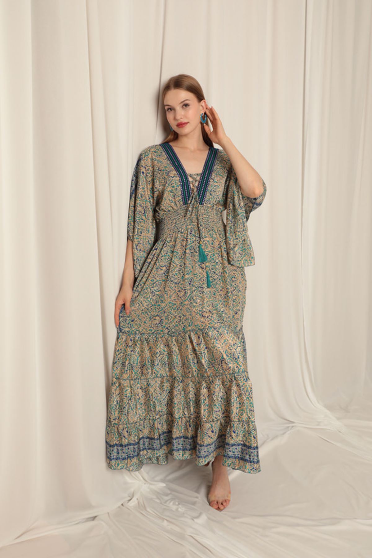 Silk Fabric V Neck Gipel Long Beige Dress