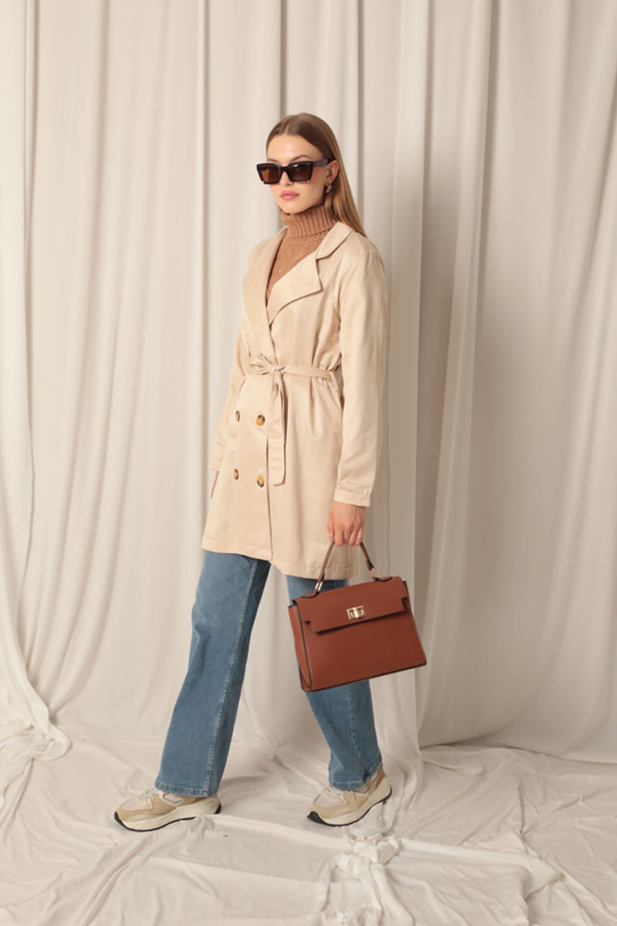 Torino Fabric Liquid Proof Under Hip Length Women's Beige Trench Coat