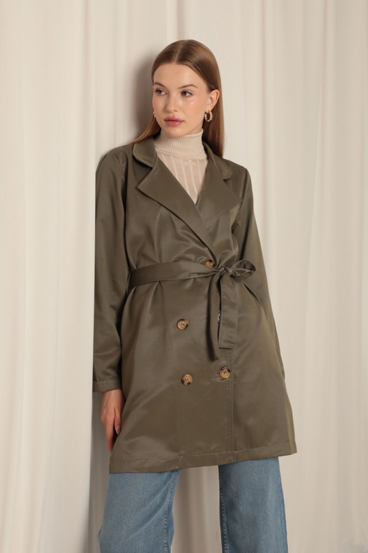 Torino Fabric Liquid Proof Under Hip Length Women's Khaki Trench Coat