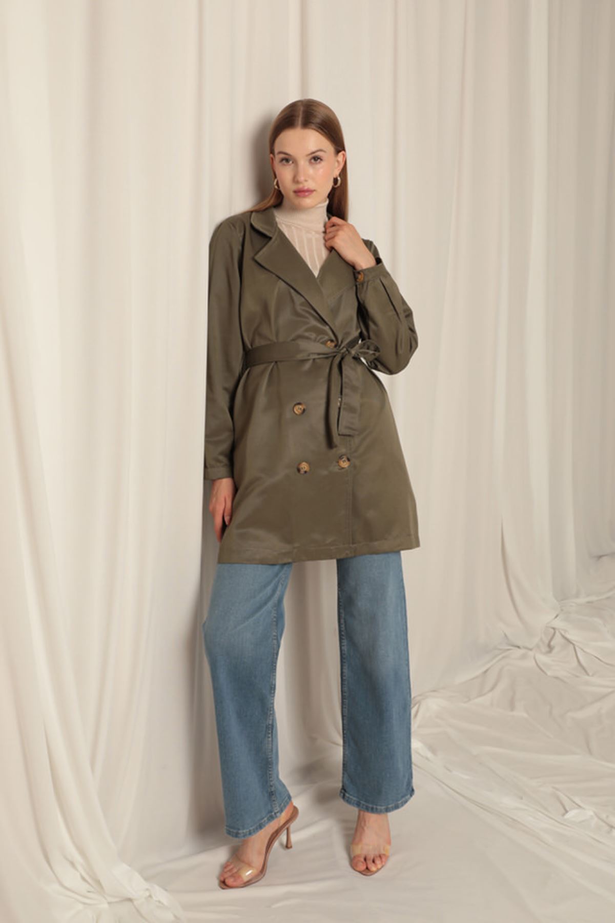 Torino Fabric Liquid Proof Under Hip Length Women's Khaki Trench Coat