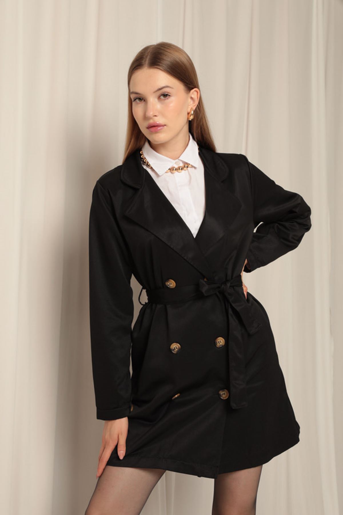 Torino Fabric Liquid Proof Under Hip Length Women's Black Trench Coat