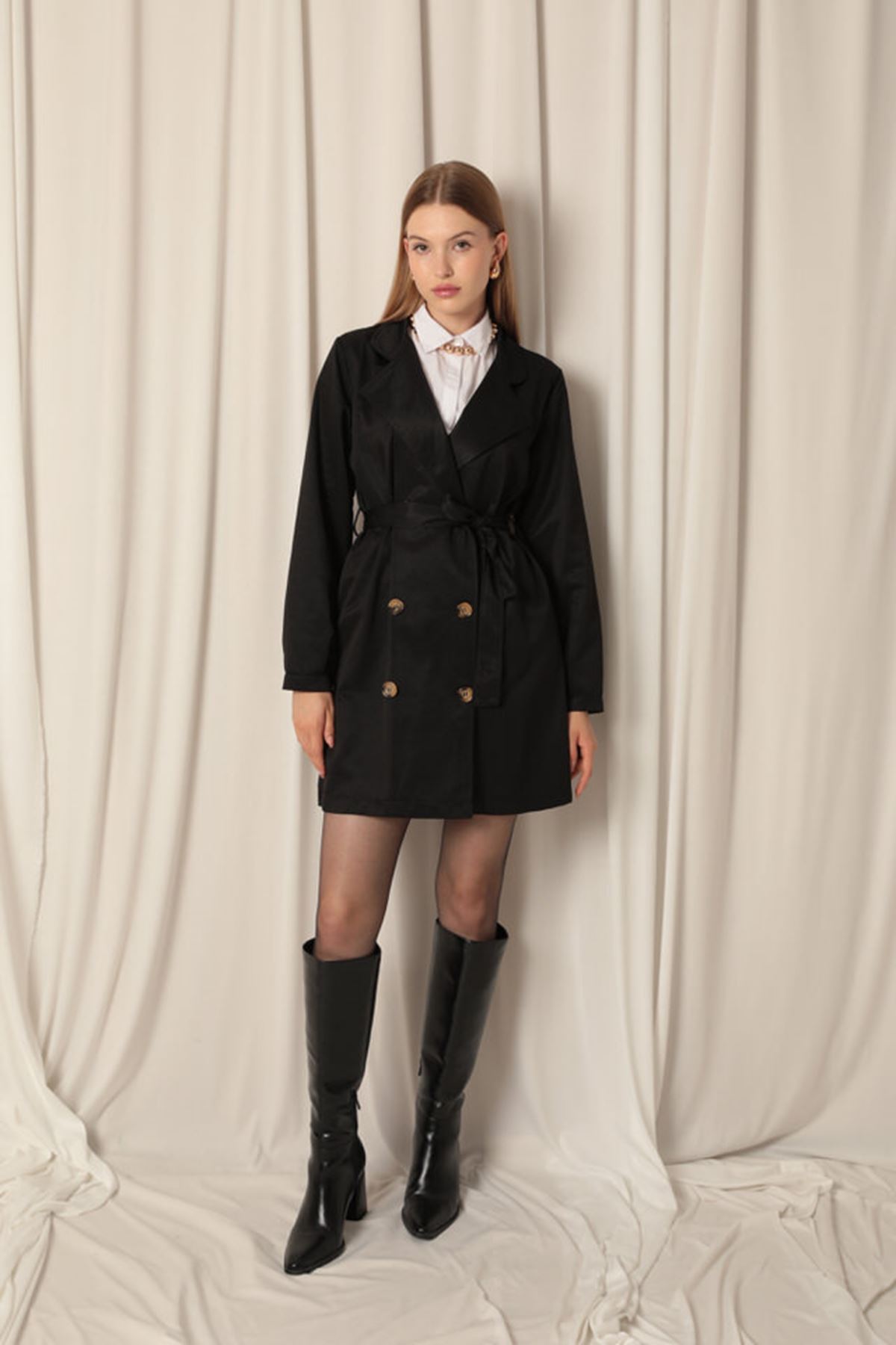 Torino Fabric Liquid Proof Under Hip Length Women's Black Trench Coat