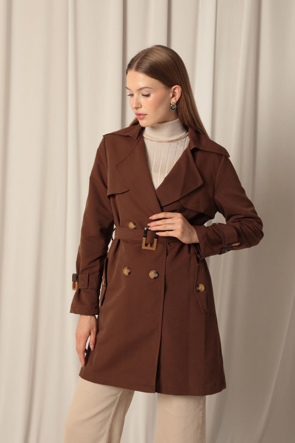 Woven Fabric Liquid Proof Midi Length Brown Trench Coat