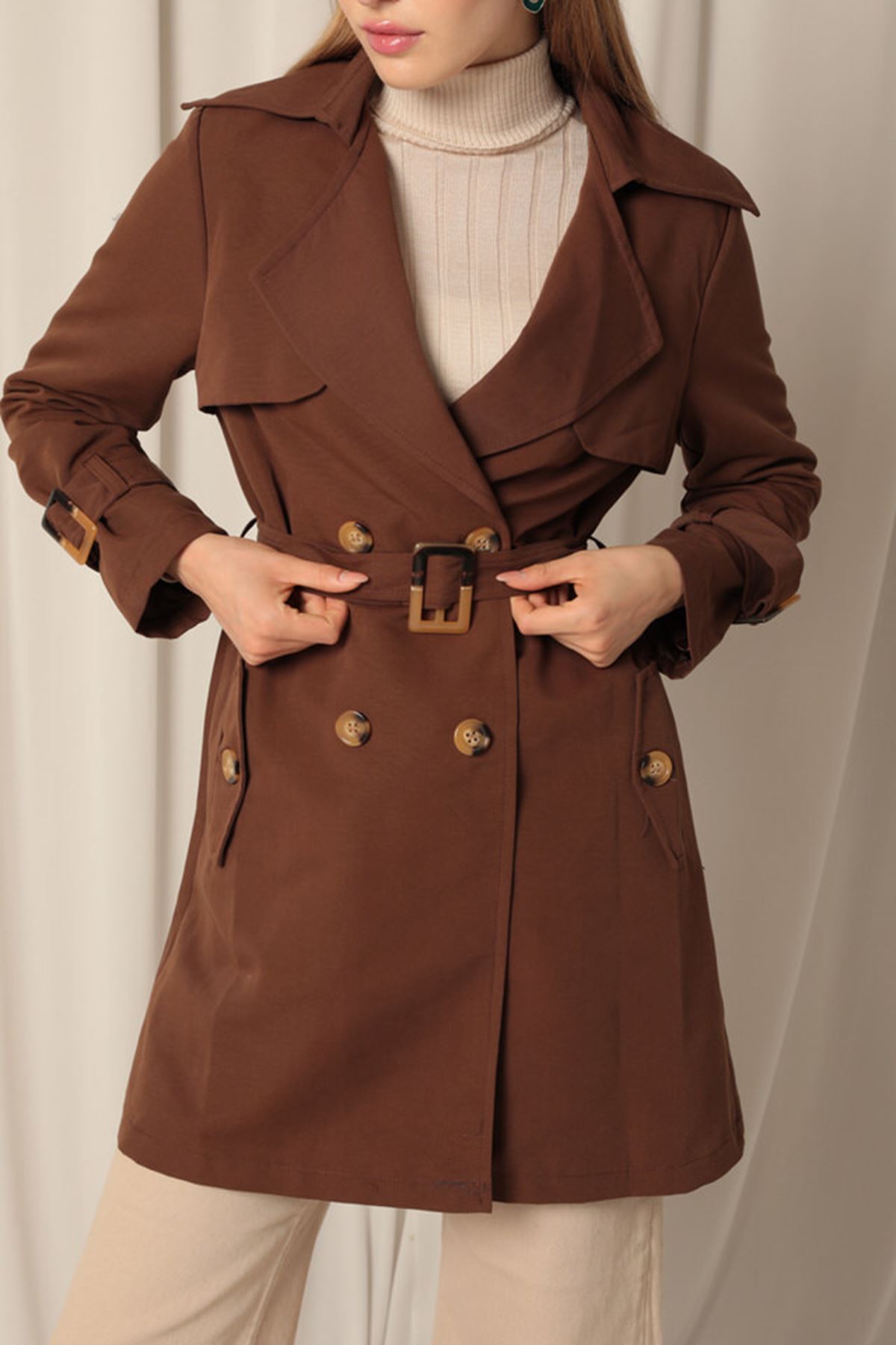 Woven Fabric Liquid Proof Midi Length Brown Trench Coat
