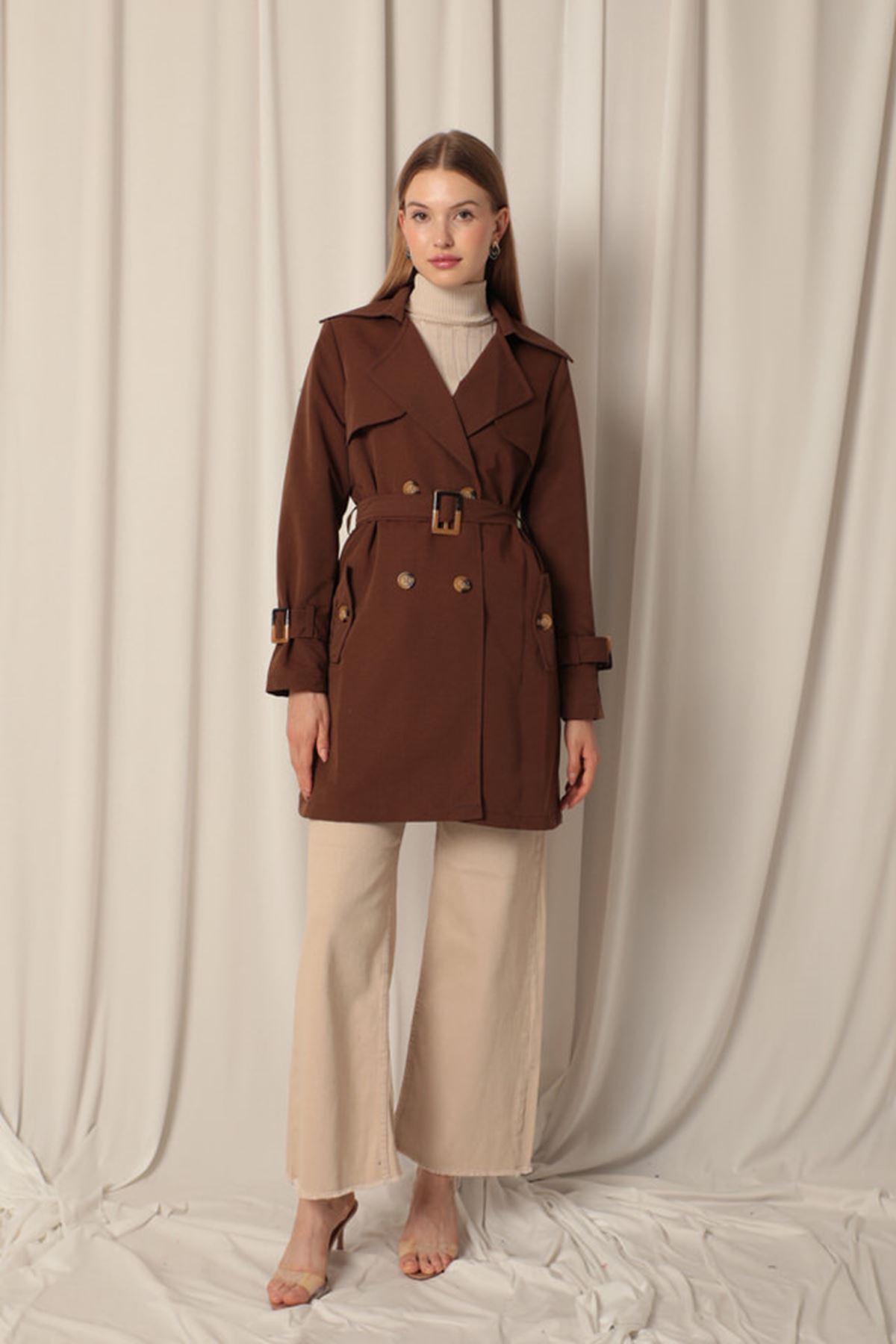 Woven Fabric Liquid Proof Midi Length Brown Trench Coat