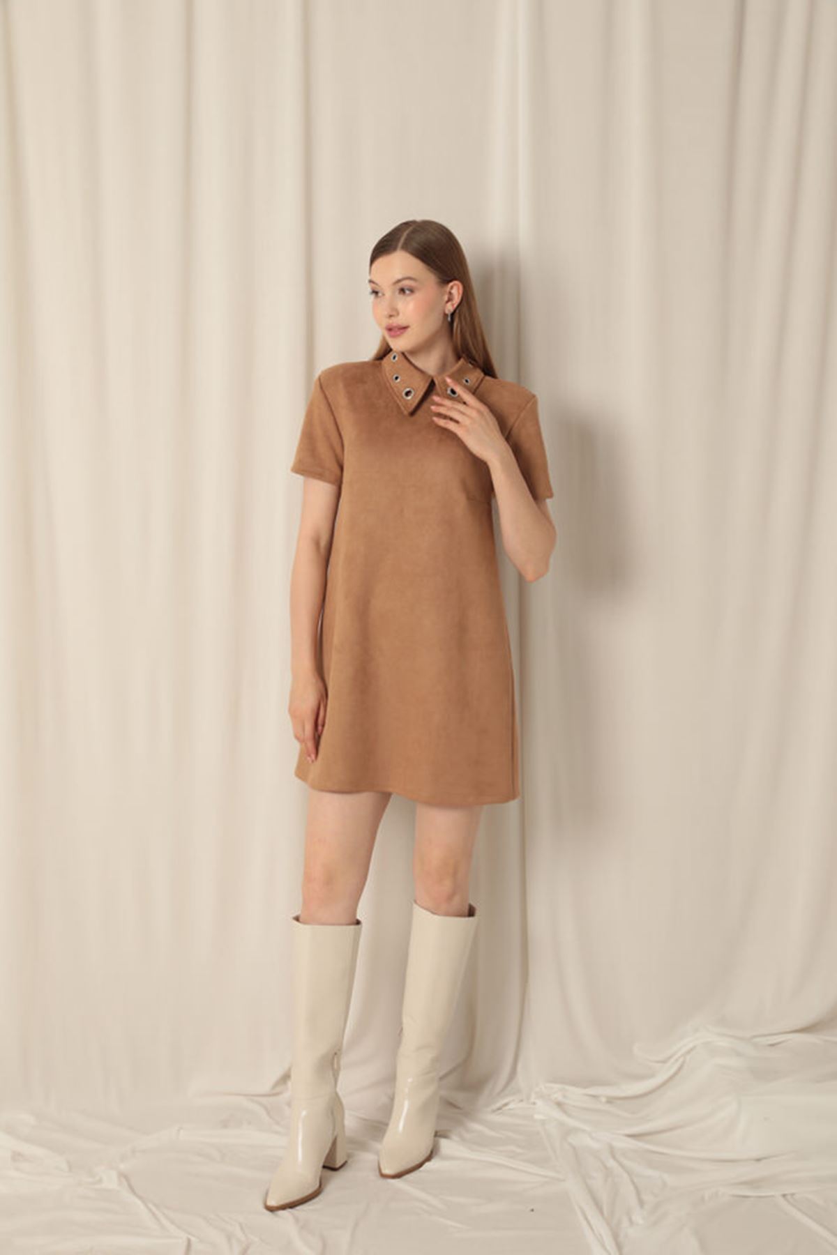 Suede Fabric Beige Dress