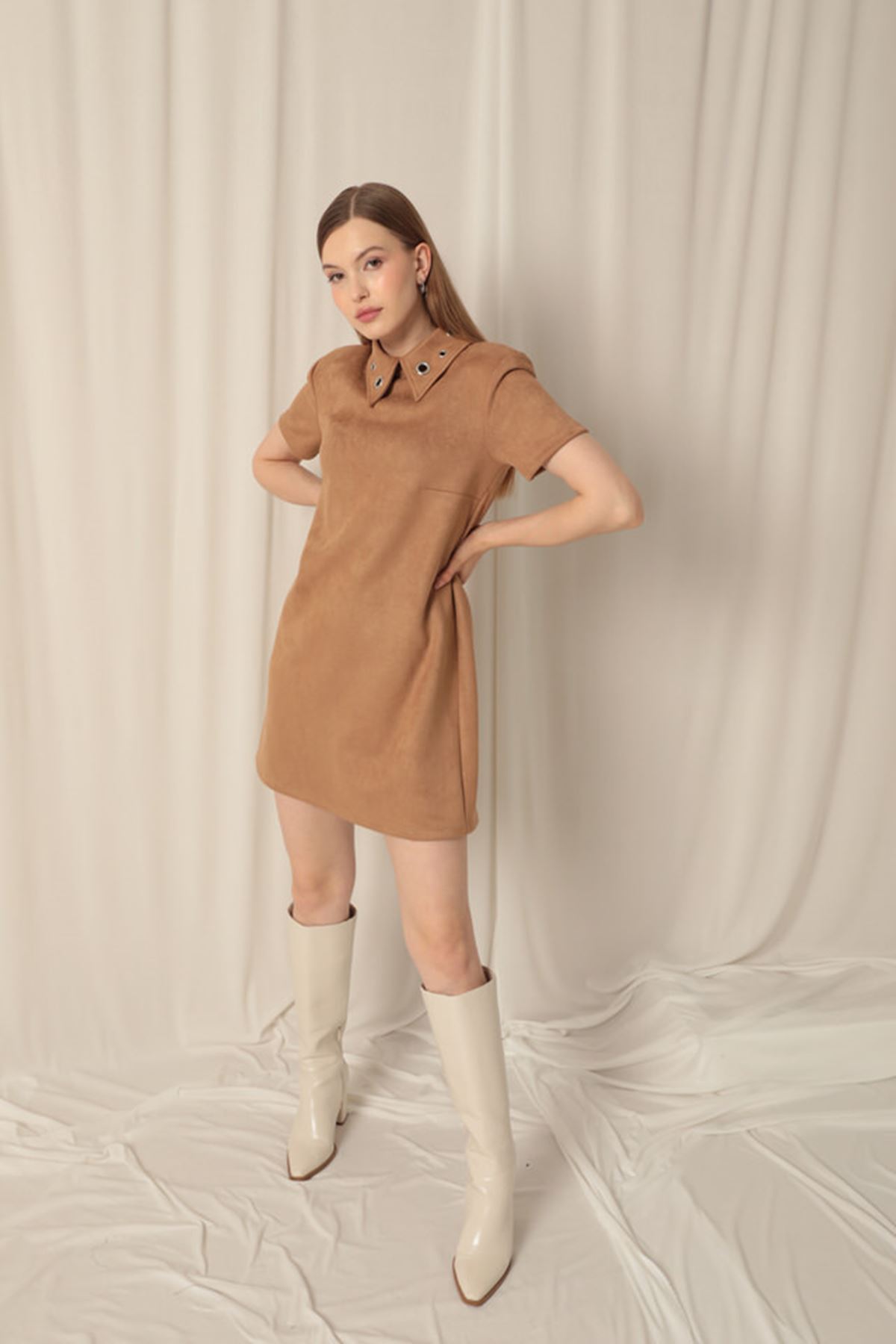 Suede Fabric Beige Dress
