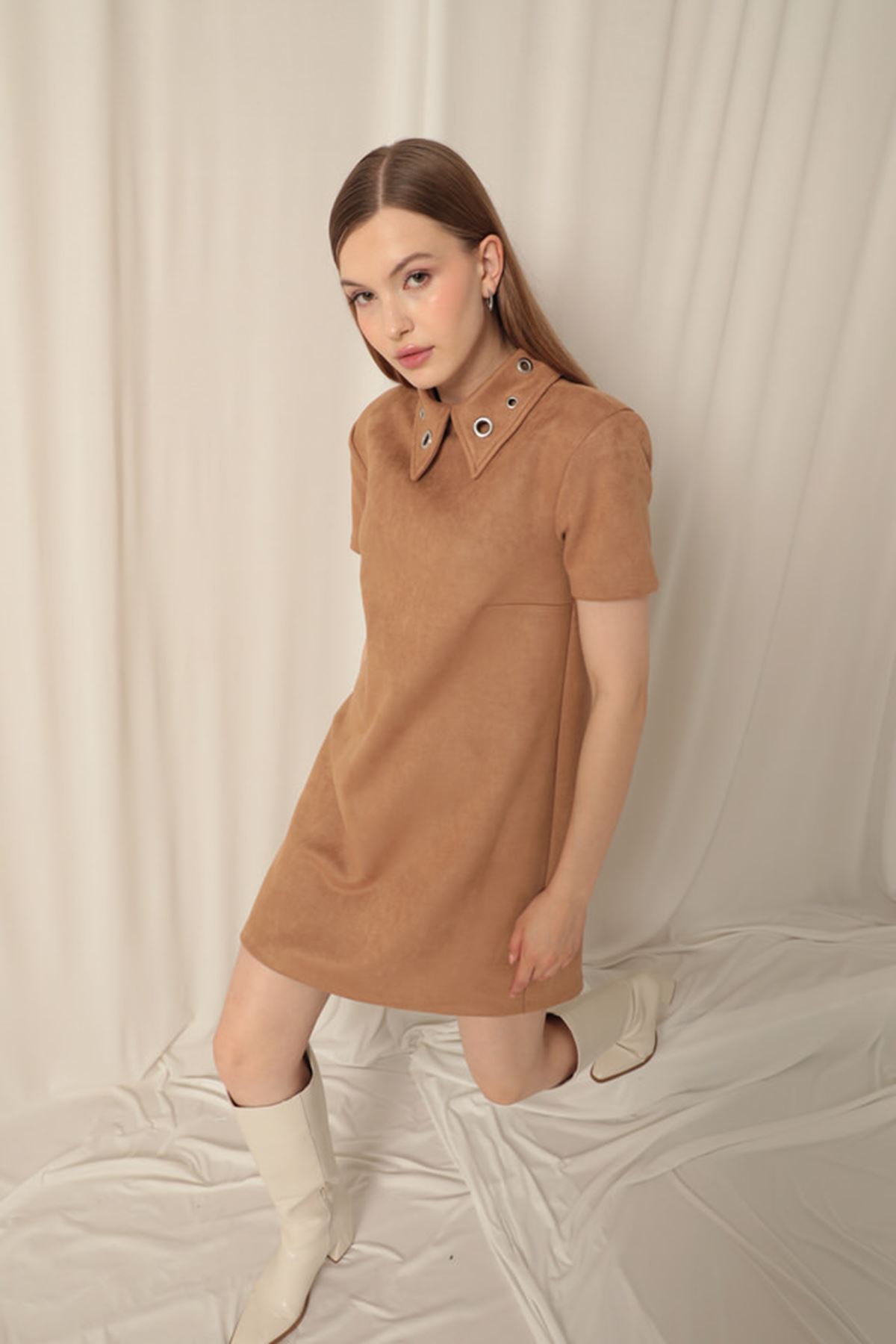Suede Fabric Beige Dress