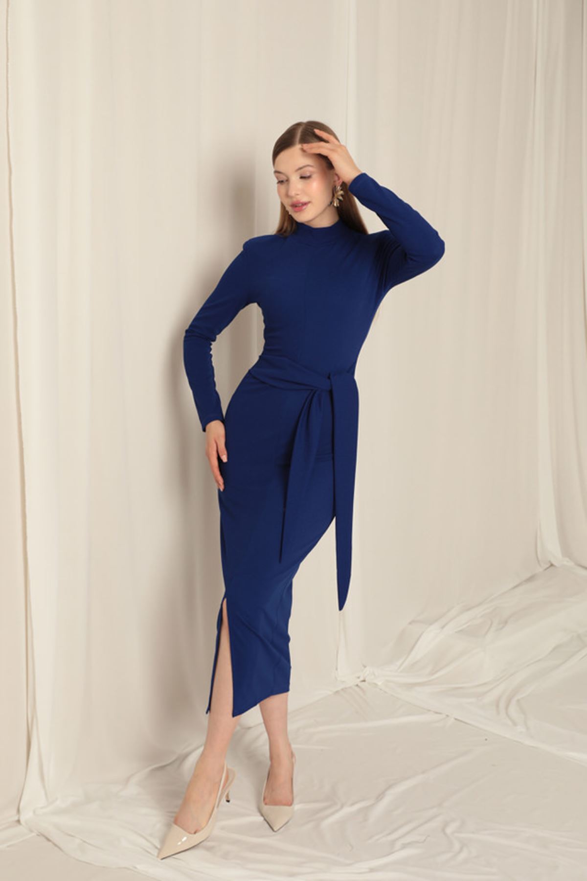 Crepe Fabric Tied Saxe Dress